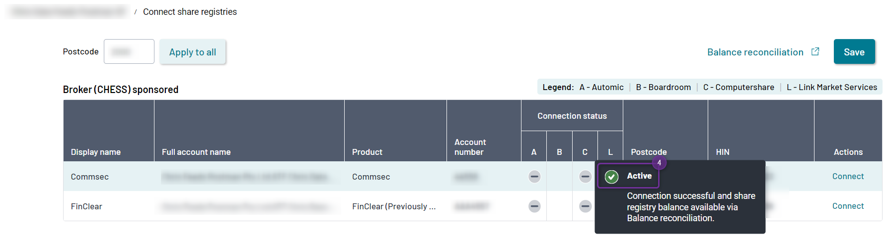 Connect share registries – Class Support