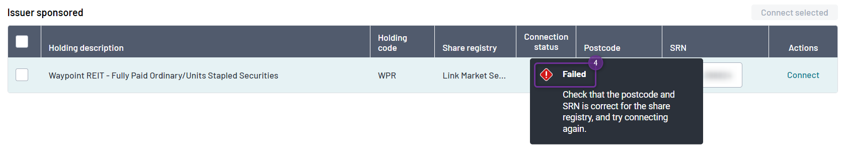 Connect share registries – Class Support