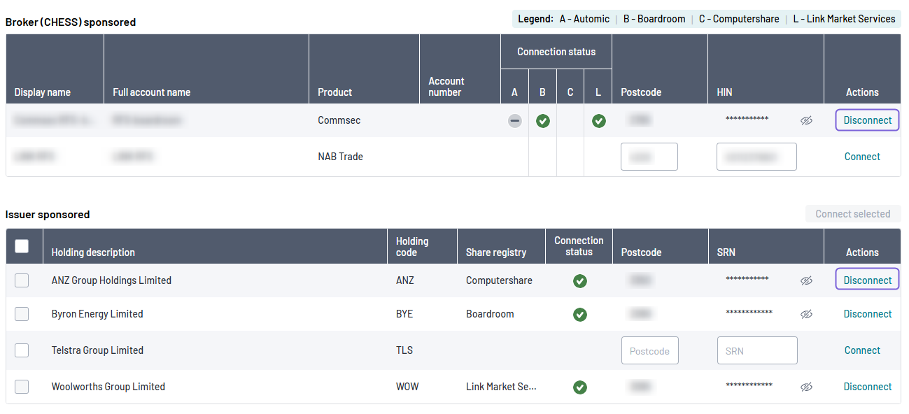 Connect Share Registries – Class Support