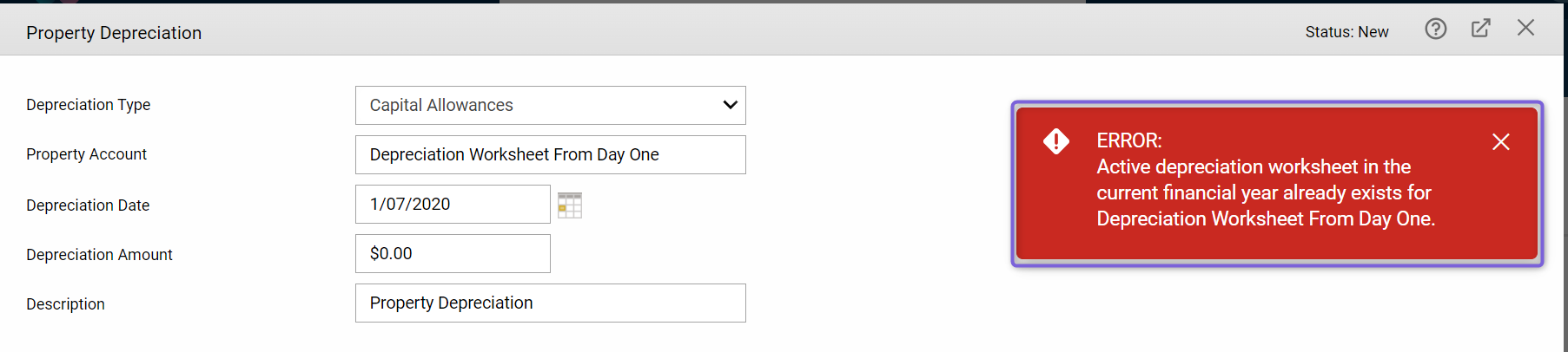 Why do I receive an error message 'Active depreciation worksheet in the ...