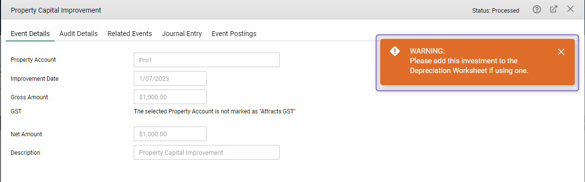 Why do I receive a warning message 'Please add this investment to the ...